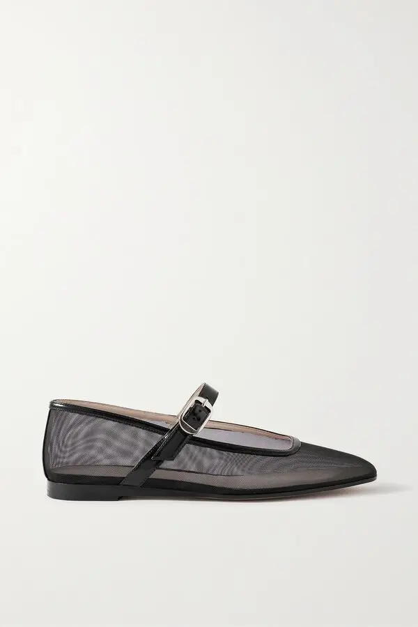 Le Monde Beryl Patent Leather-trimmed Mesh Mary Jane Ballet Flats - Black
