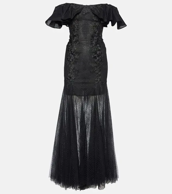 Costarellos Ruffled Lace And Tulle Gown