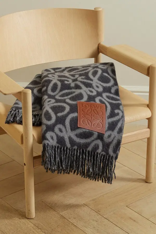 Loewe Fringed Leather-trimmed Alpaca-blend Jacquard Blanket - Gray