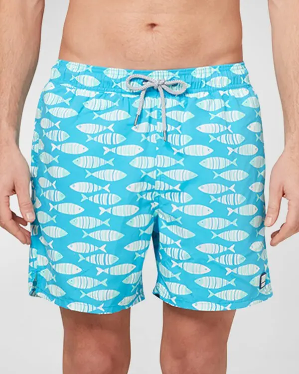 TOM & TEDDY Fish-print Swim Shorts - Striped Blue