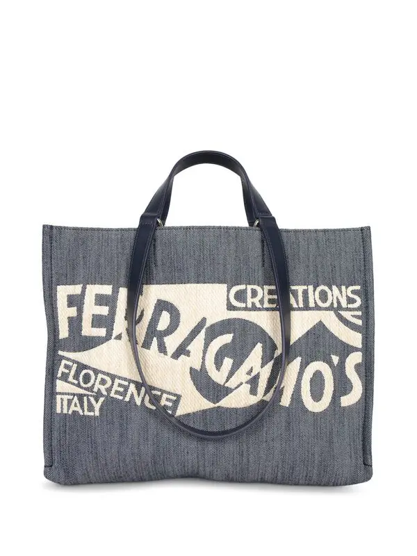 FERRAGAMO Jacquard Tote With Leather Top Handles - Blue