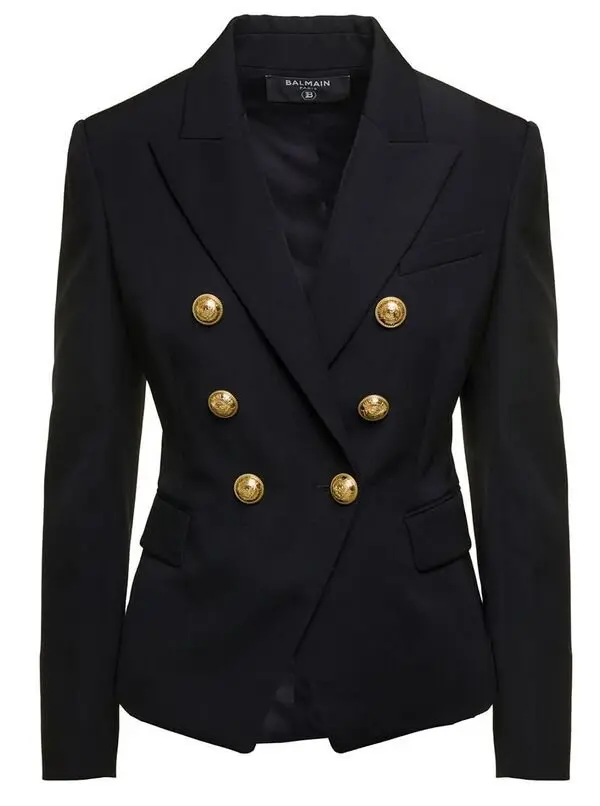 Buy Balmain Double-breasted Jacket With Branded Buttons And Asymmetric ...