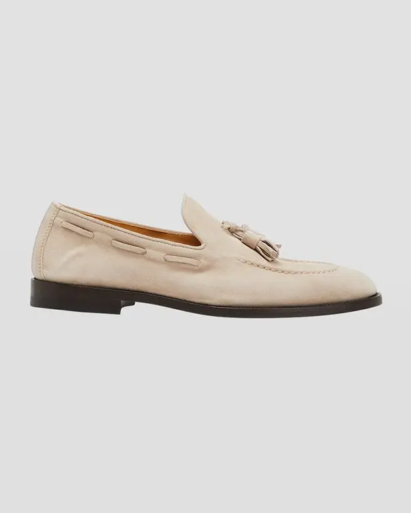 Brunello Cucinelli Suede Tassel Loafers Sand Editorialist