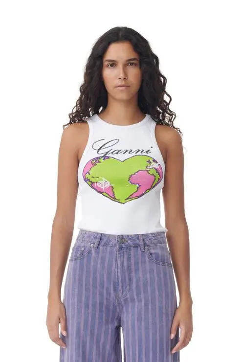 GANNI White Graphic Rib Heart Tank Top - Bright White | Editorialist
