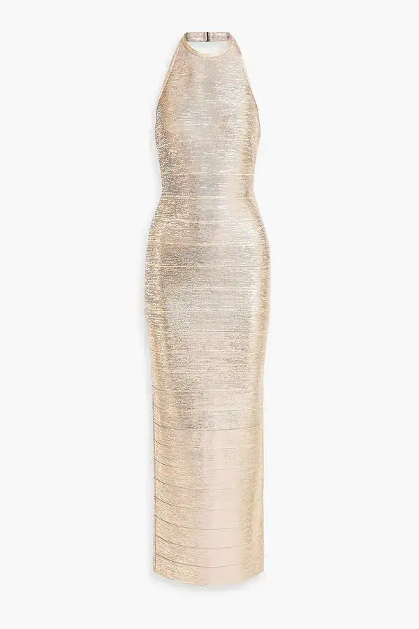 herve leger rose gold bandage dress THE METALLIC SANDRA DRESS – HERVÉ LÉGER main image 0