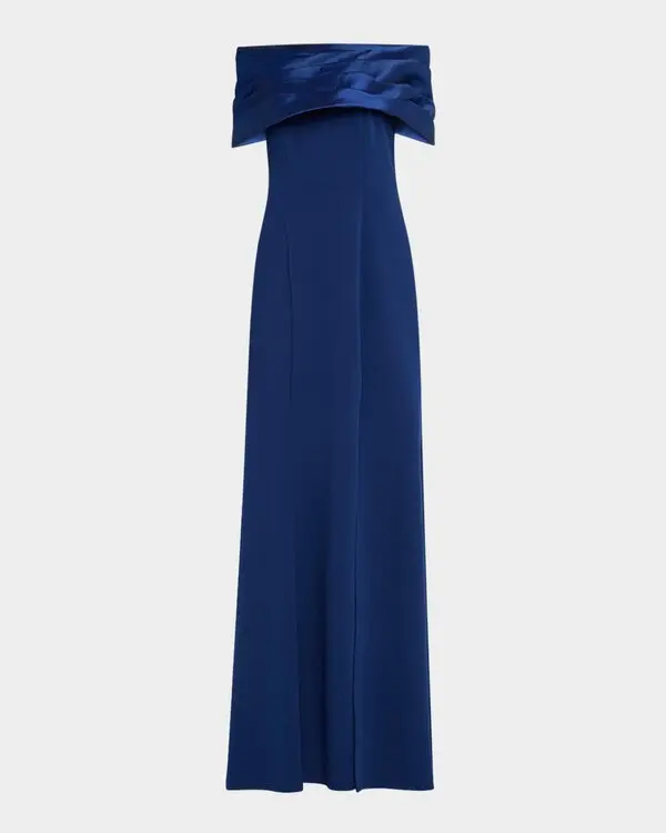 Tadashi Shoji Off-shoulder Crepe & Taffeta Gown - Navy