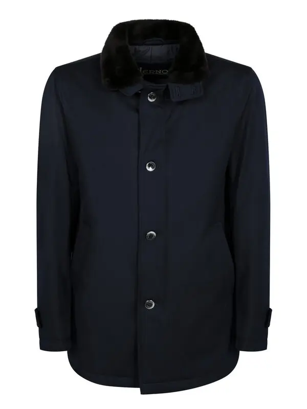 Herno Wool Three-quarter Coat With Removable Fur Collar - Blue