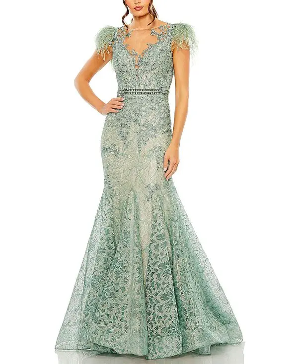 Mac Duggal Embellished Feather Cap Sleeve Trumpet Gown - Sage