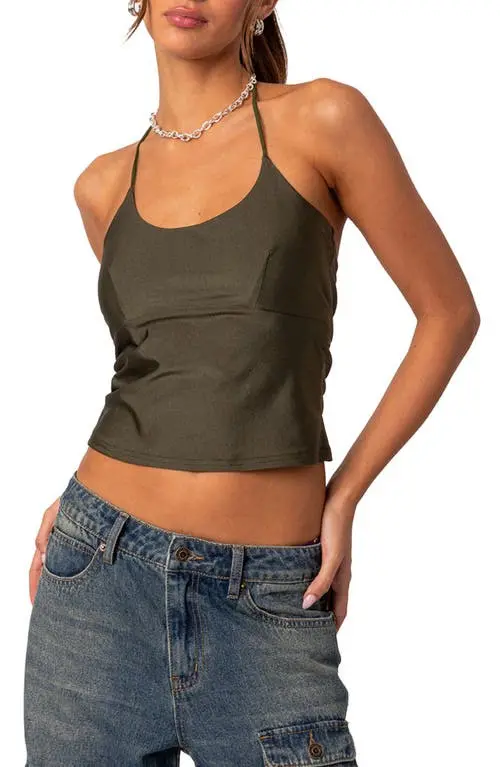 EDIKTED Sara Crop Halter Top - Olive