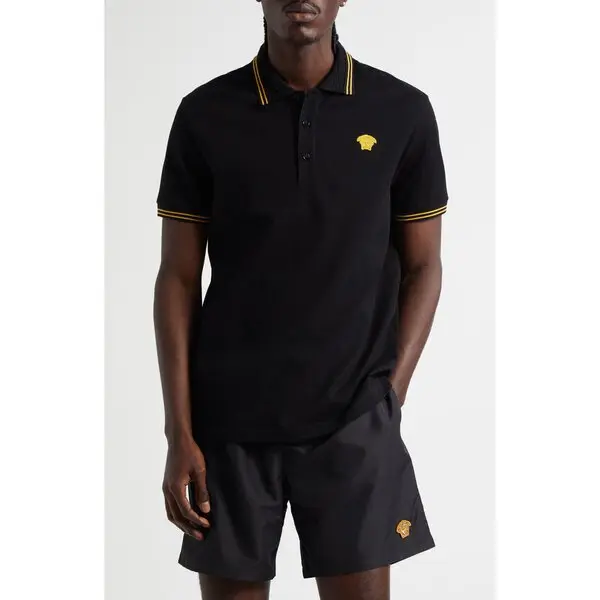 Versace Tipped Embroidered Medusa Cotton Piqué Polo - 1b000-black