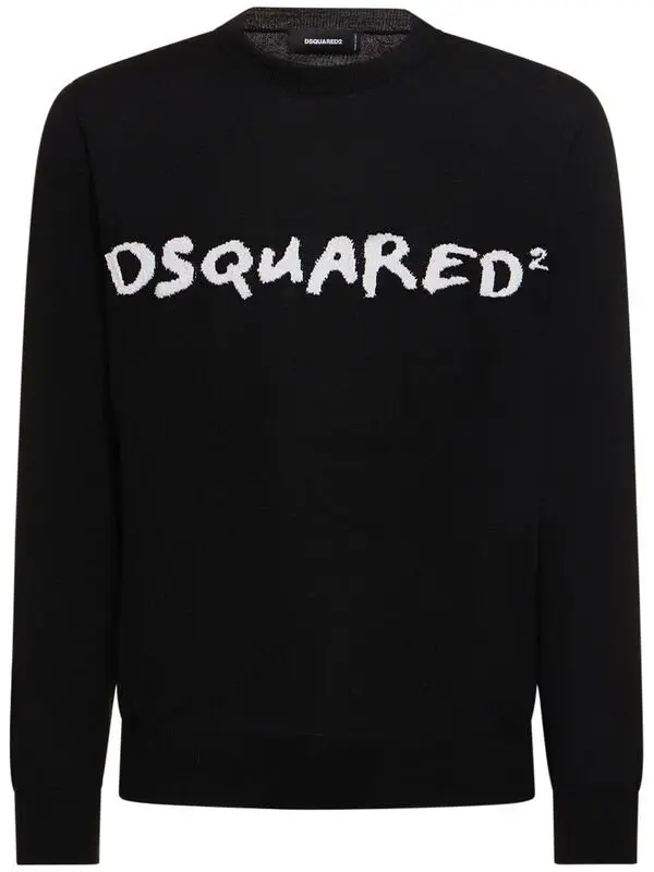 Dsquared2 Logo Jacquard Wool Blend Sweater - Black | Editorialist