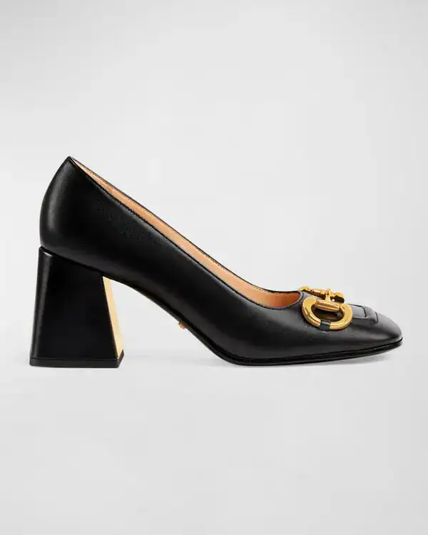 Gucci Baby Leather Horsebit Block-heel Pumps - 1000 Nero | Editorialist