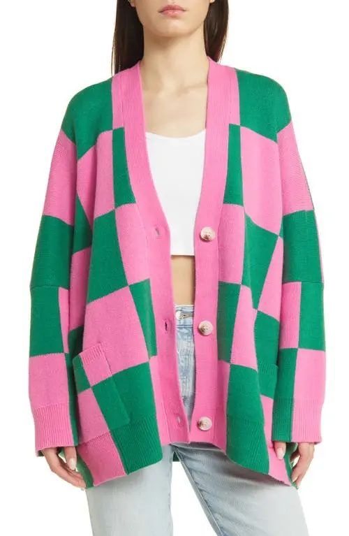DRESSED IN LALA Oversize Checkerboard Cardigan - Watermelon