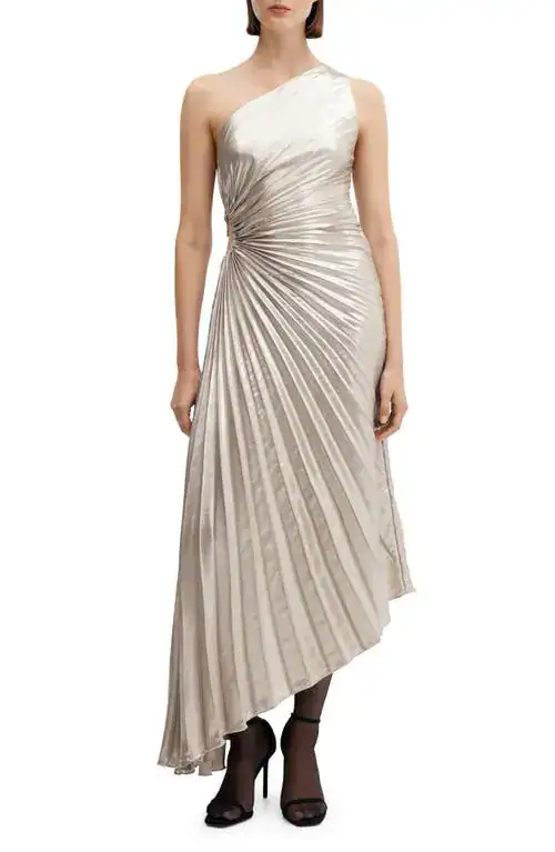 Buy Mango Asymmetric Cutout Pleated Satin Dress - Silver At 44% Off ...