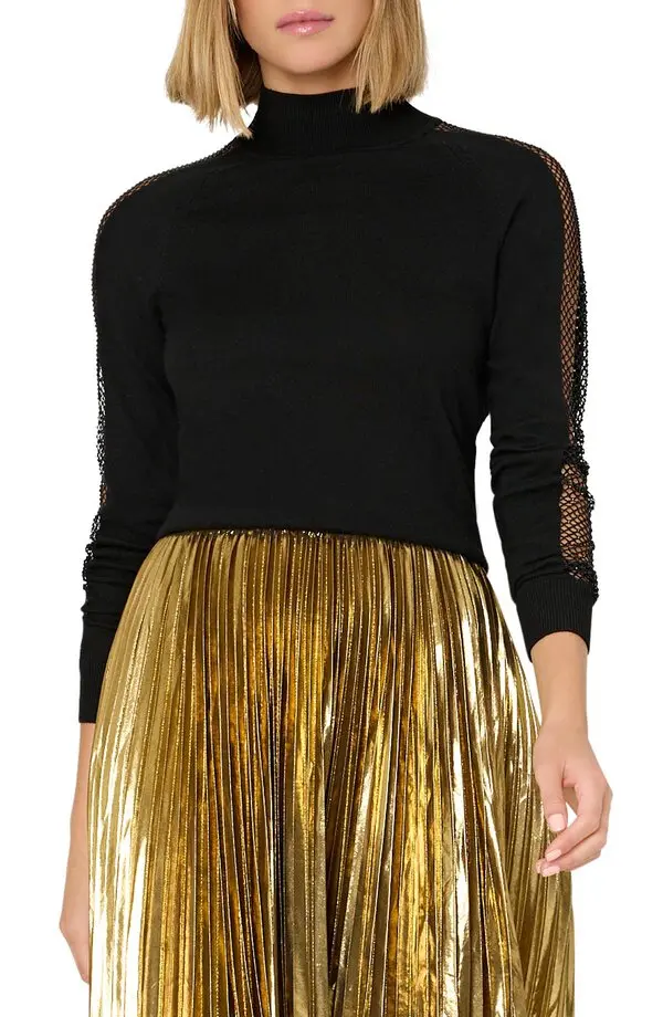 MILLY Embellished Mesh Panel Mock Neck Sweater - Black