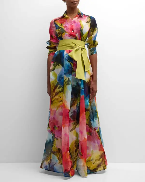 SARA ROKA Elenat Belted Watercolor-print Shirt Gown - Floral Blossom 30 ...