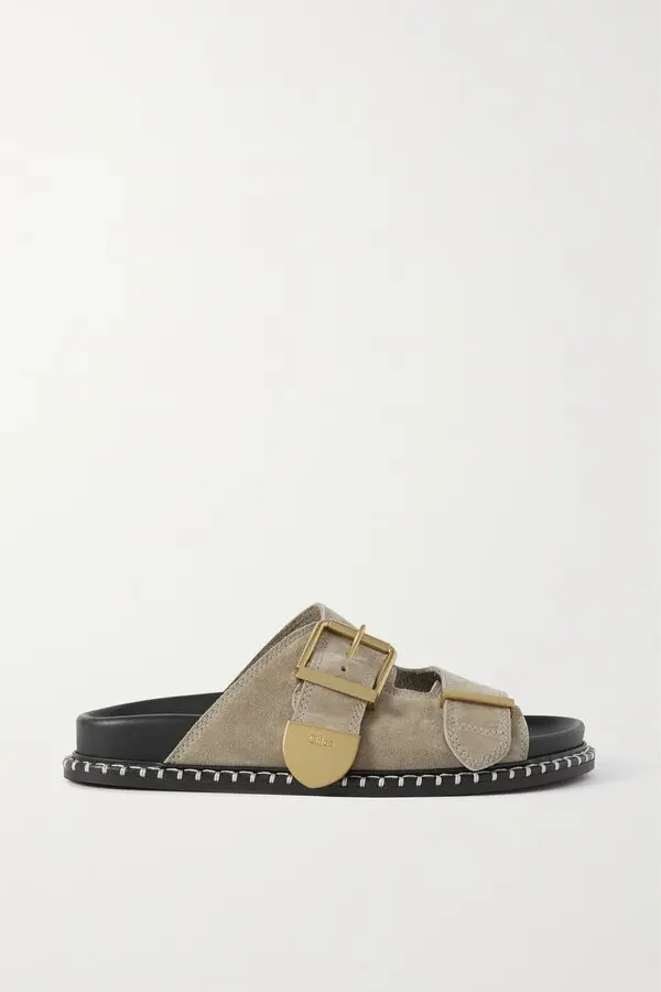Chloé Net Sustain Rebecca Whipstiched Suede Slides - Gray