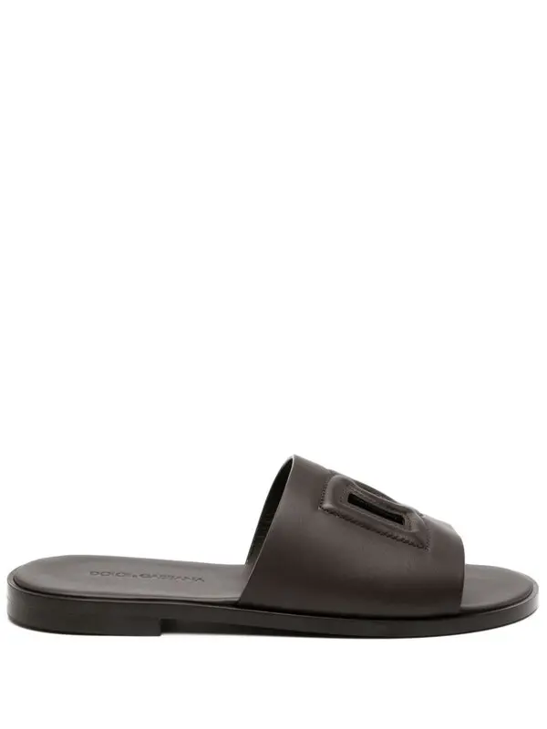 Dolce & Gabbana Embossed Leather Slides - Brown