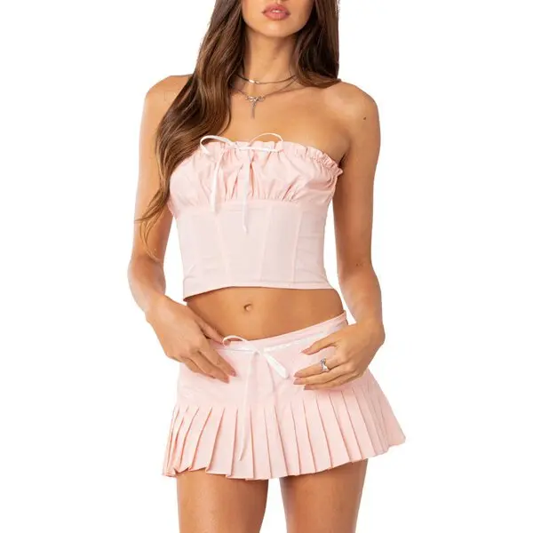 EDIKTED Karmen Lace-up Corset Crop Top - Pink