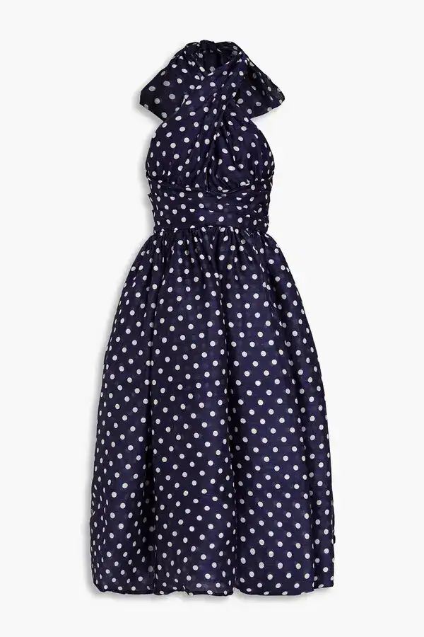 zimmermann polka dot dress halter Zimmermann Polkadot Linen And Silk-Blend Halterneck Midi Dress In Navy -  70% Off