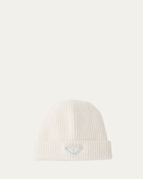 Prada Wool-cashmere Ribbed Beanie With Symbole - Bianco