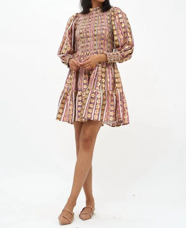 Buy Oliphant Smocked Flirty 3/4 Sleeve Dress In Olive Petal - Multi At ...