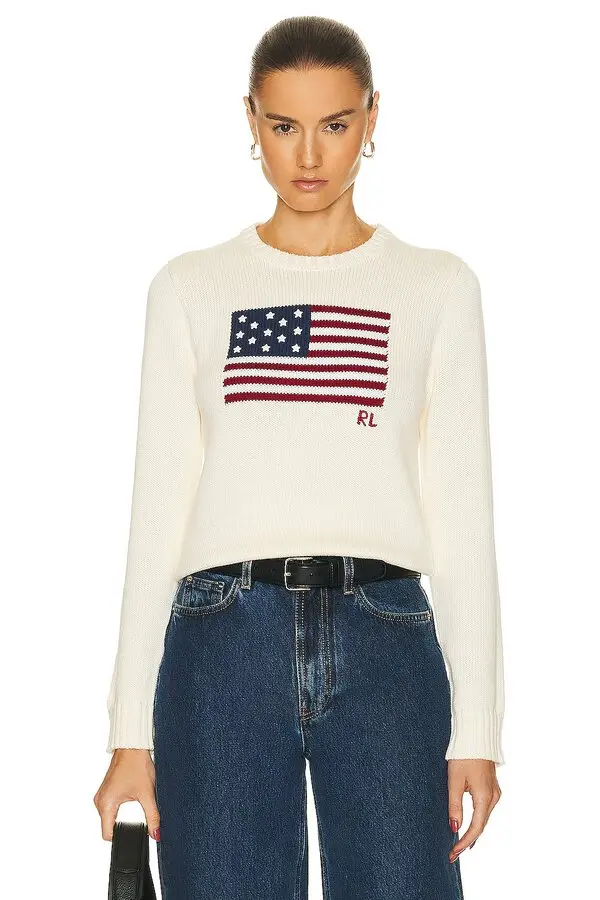 Ralph Lauren Flag Long Sleeve Pullover Sweater - Cream