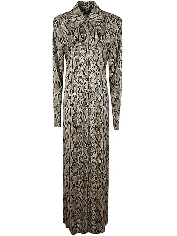 Balmain Long Sleeve Python Satin Long Shirt Dress