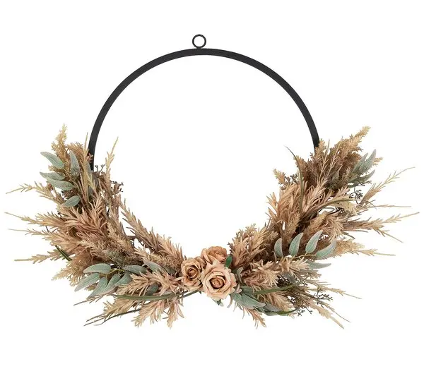 NORTHLIGHT Fall Harvest Pale Rose & Thistle W/f Liage Wreath - One-color