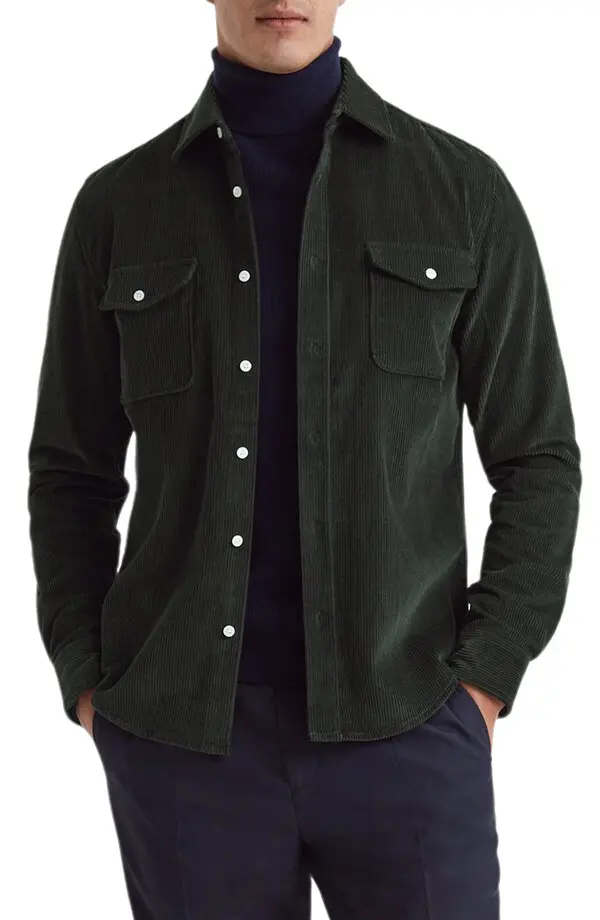 REISS Bonucci Organic Cotton Corduroy Button-up Overshirt - Emerald ...