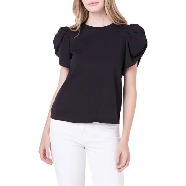 English Factory Gathered Sleeve Knit Top - Black