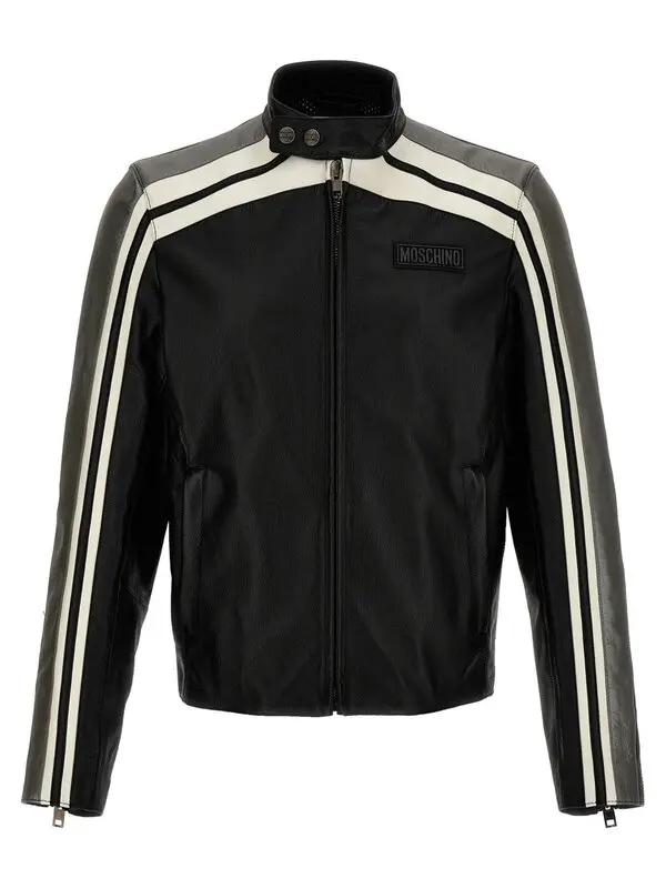Buy Moschino Leather Jacket With Contrasting Bands - Black At 33% Off ...