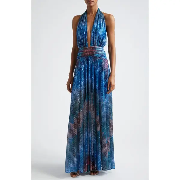 Ramy Brook Reyna Chevron Sequin Maxi Dress - Blue Chevron | Editorialist