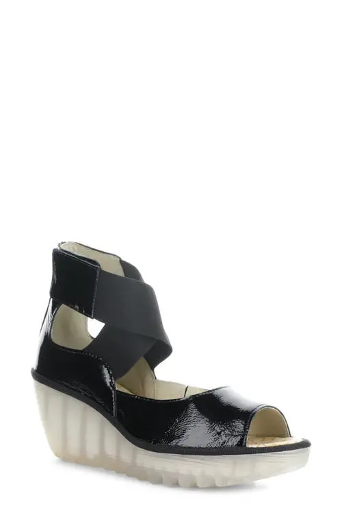 Fly London Yefi Platform Wedge Sandal - Black Luxor