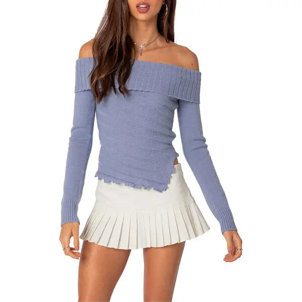 EDIKTED Sonya Foldover Off-the-shoulder Sweater - Blue