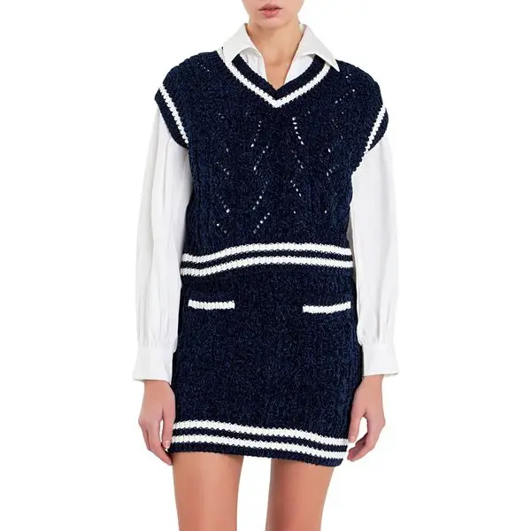 English Factory Stripe Trim Chenille Vest - Navy/white