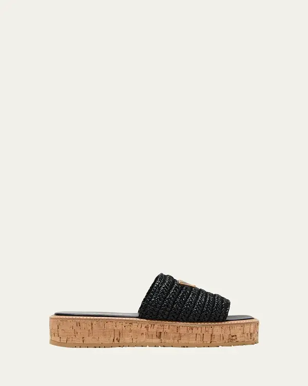 Prada Raffia Flatform Slide Sandals - Nero
