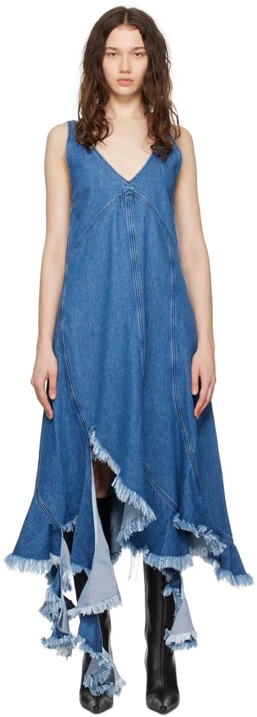 Marques' Almeida Frayed Denim Midi Dress In Mid Blue 59% Off
