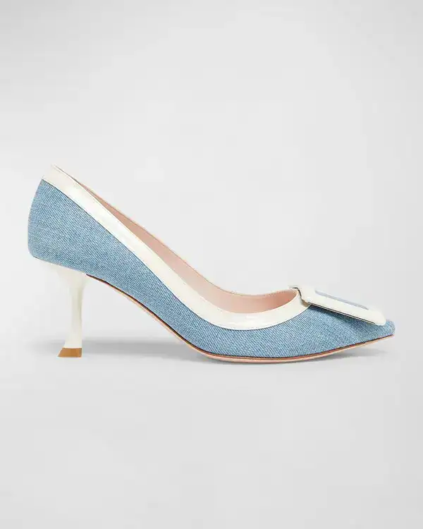 Roger Vivier Viv In The City Buckle Denim Pumps Jeans Chiaro