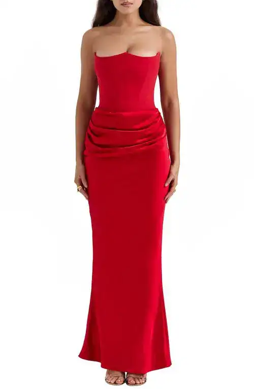 House Of Cb Persephone Strapless Satin Corset Cocktail Dress - Salsa |  Editorialist