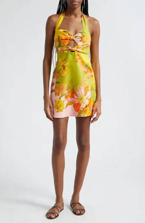 Alemais Silas Floral Print Linen Halter Minidress In Multi Green - 60% Off  | Editorialist