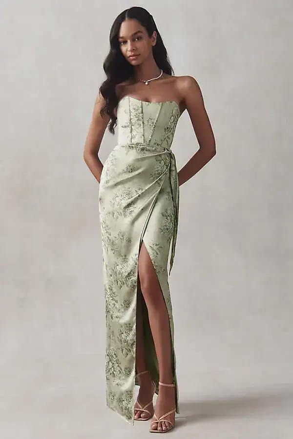 V. Chapman Printed Corset Gown - Light Green | Editorialist