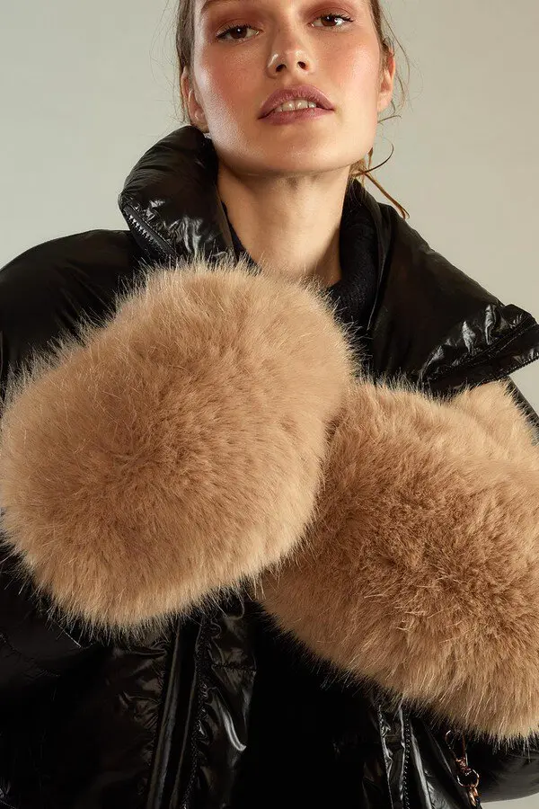 Cynthia Rowley Faux Fur Mittens - Brown