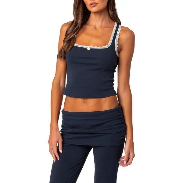 EDIKTED Kadence Lace Trim Crop Tank - Navy