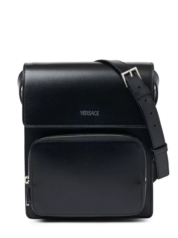 Versace Vertical Leather Logo Messenger Bag - Black,palladium ...