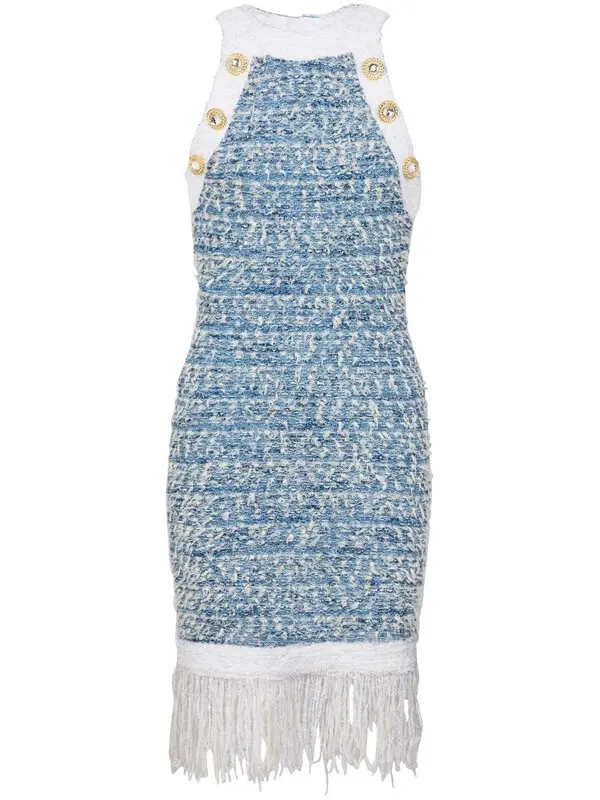 Balmain Fringed Tweed Mini Dress - Blue
