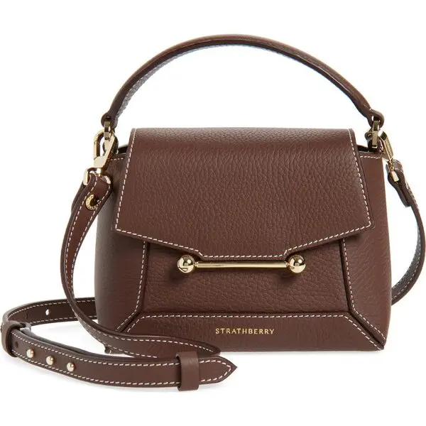 Strathberry Mini Mosaic Leather Top Handle Bag - Chocolate - Vanilla Stitch