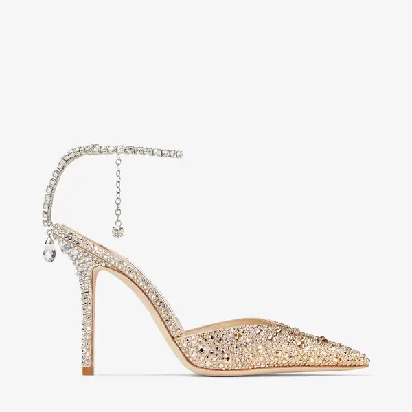 JIMMY CHOO Saeda 100 Gold Satin Pumps With Crystals
