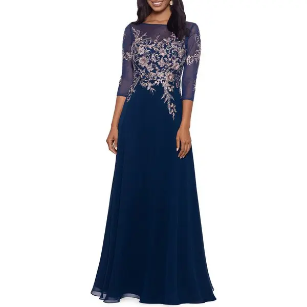 Betsy & Adam Metallic Embroidered Gown