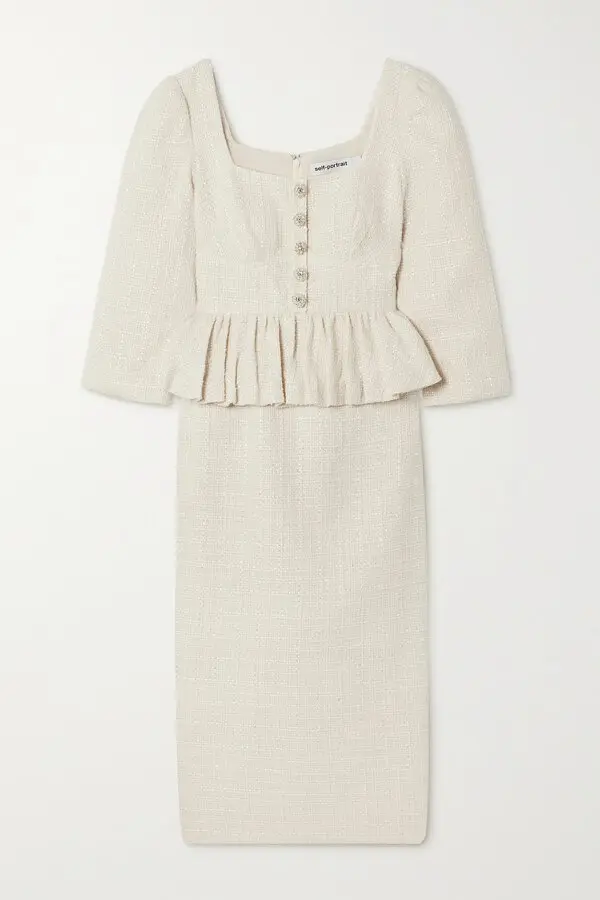 SELF-PORTRAIT Embellished Bouclé-tweed Peplum Midi Dress
